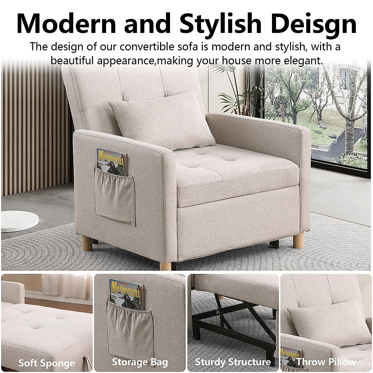 Keainvren Sleeper Chair Bed Convertible Chair Bed Sleeper Pull Out Sofa Bed with Adjustable Backrest Linen Fabric Convertible Chair to Bed with Side Pocket for Living Room, Apartment-Beige