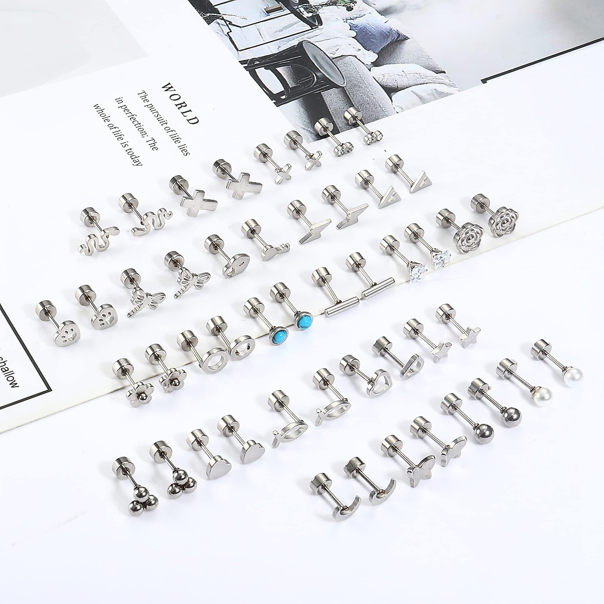 Sanfenly 24 Pairs Stainless Steel Stud Earrings Set for Women Men 20G Tiny Cartlidge Earrings Stud Geometric Star Triangle Moon Heart Snake Butterfly Ball CZ Turquoise Small