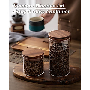BOILMERIT 500ml Glass Coffee Canister with Wooden Lids and Scoop, Kitchen Coffee Container Set of 2 Hold Up to Total 12 oz of Coffee Bean, Airtight Food Storge Jars for Ground Coffee Bar Cereal Snack