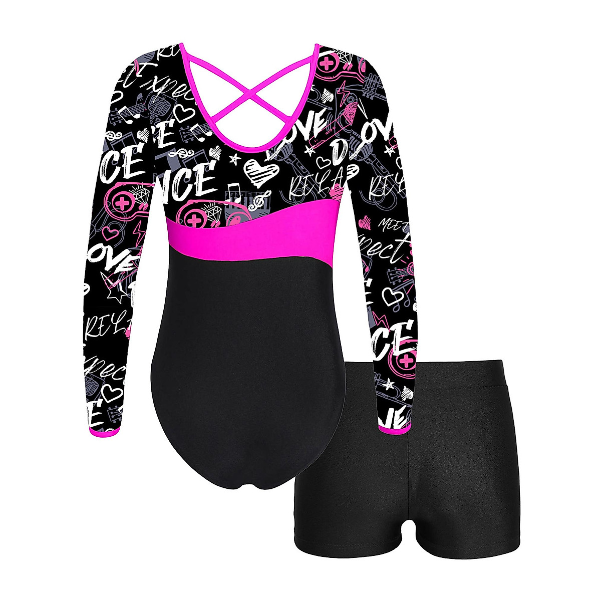 Jhaoyu Kids Girls Ballet Dance Gymnastics Leotards Long Sleeve Printed Bodysuit Unitard with Biketards Shorts Tracksuit Rock Rose 8 Years