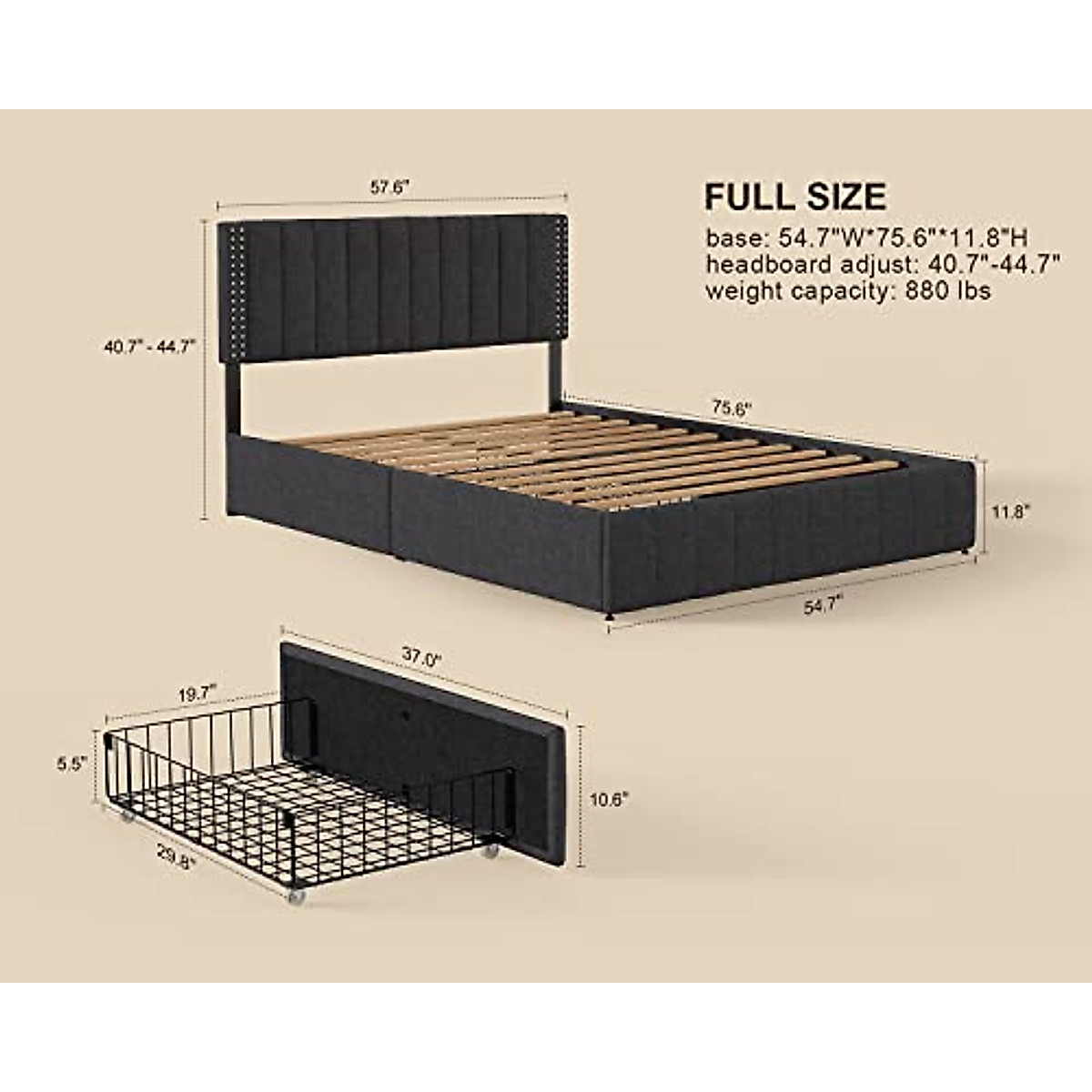 Gizoon Full Bed Frame with 4 Storage Drawers, Upholstered Platform Bed with Drawers and Headboard Adjustable Fits 6” to 12” Mattress, No Box Spring Needed (Dark Grey)