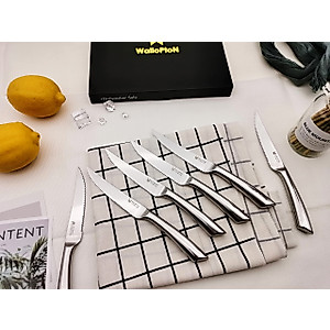 WALLOPTON Steak Knives Set of 8 - High Carbon Stainless Steel, Dishwasher Safe - Polished Blade & Handle, Straight Edge - 4.5'' Kitchen Dinner Table Knife Set Non Serrated