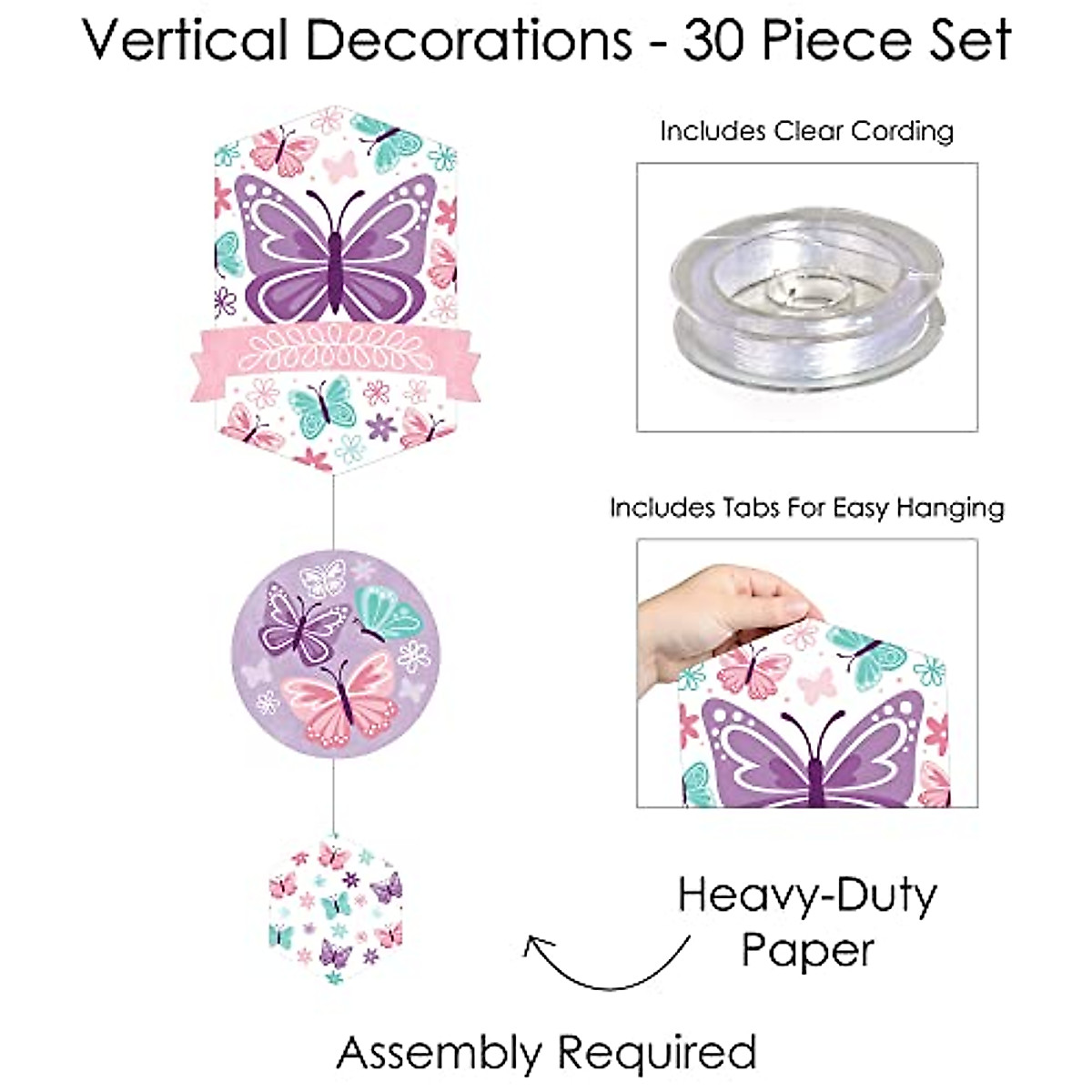 Big Dot of Happiness Beautiful Butterfly - Floral Baby Shower or Birthday DIY Dangler Backdrop - Hanging Vertical Decorations - 30 Pieces