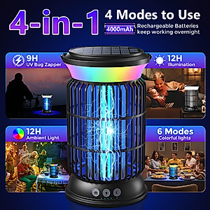Solar Bug Zapper Outdoor, 4200V Effective Mosquito Zapper, Cordless Bug Zapper Outdoor, 4000mAH Rechargeable Fly Zapper, 4 Modes Insect Zapper for Patio, Porch, Kitchen, Bedroom