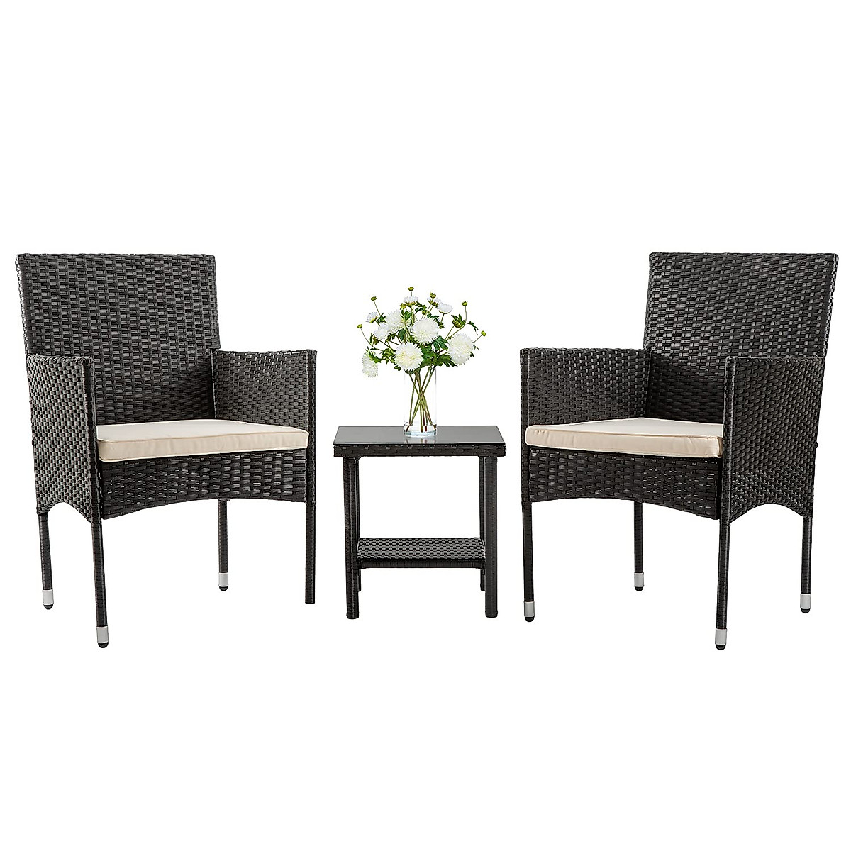 FDW 3 Pieces Patio Set Outdoor Patio Furniture Sets Wicker Bistro Set Rattan Chair Conversation Sets Garden Porch Furniture Sets for Yard and Bistro with Coffee Table (Black)