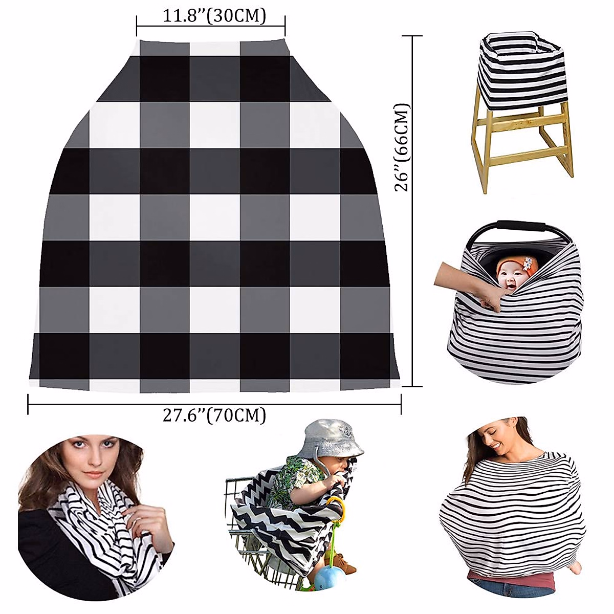 Baby Nursing Cover for Breastfeeding, Buffalo Plaid Black and White Checker Breathable Stretchy Nursing Scarf Carseat Canopy for Boys or Girls Stroller Car Seat Covers Tartan Check Lattice