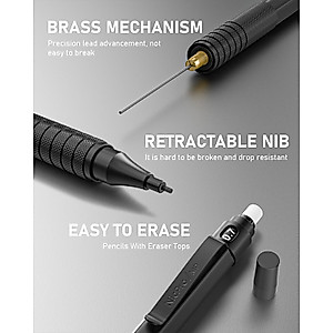 Nicpro 0.7 mm Mechanical Pencils Set with Case, 3 Metal Artist Pencil With 6 Tube HB Lead Refills, 3 Erasers, 9 Eraser Refills For Architect Art Writing Drafting Drawing, Engineering, Sketching, Black