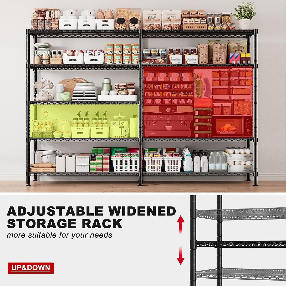 REIBII 69" W Storage Shelves Heavy Duty Load 1600LB,Garage Shelving 5-Tier Wire Shelving Unit Metal Shelves for Storage Adjustable Shelving Rack for Pantry Kitchen Bathroom 69" Wx15.75 Dx72.5 H