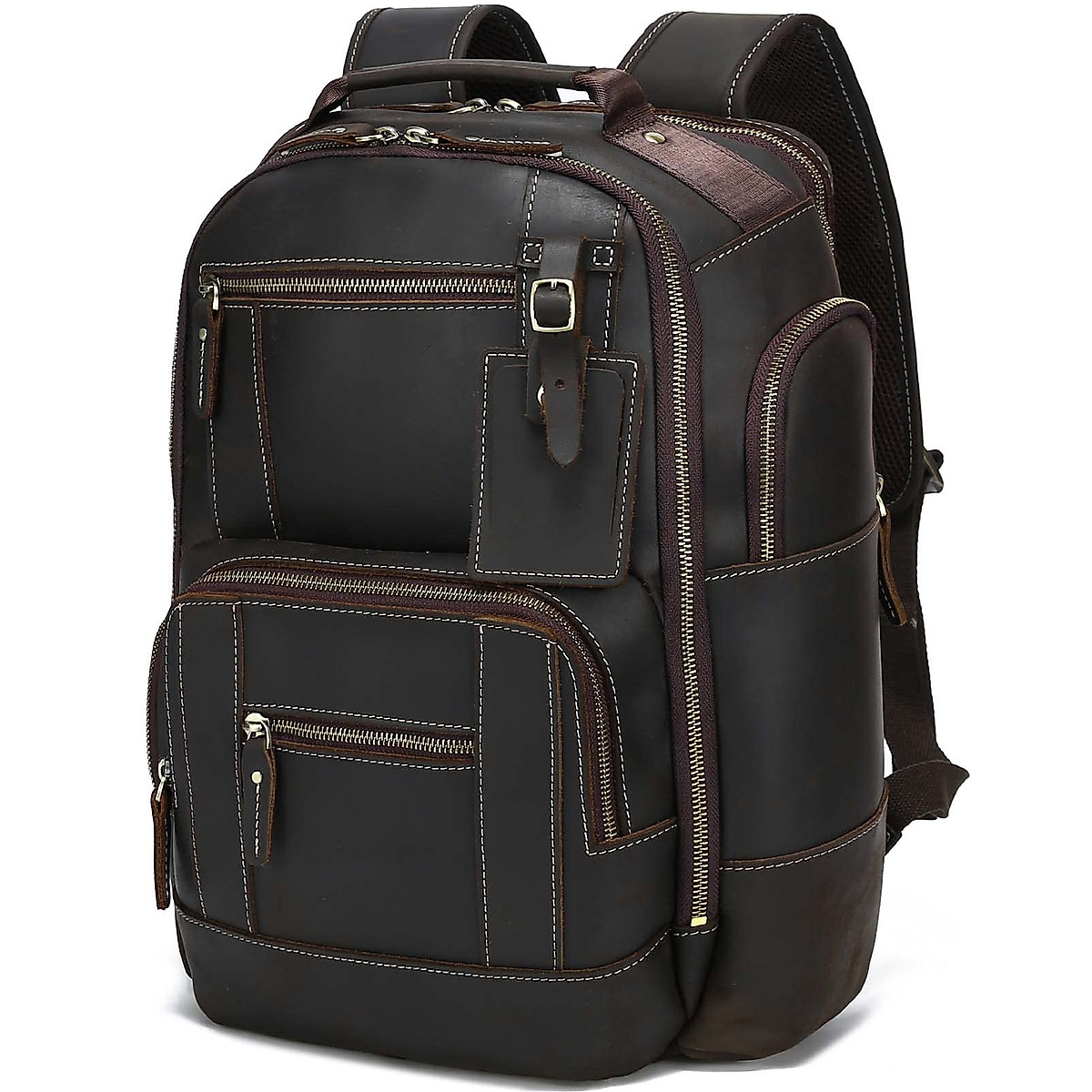 Taertii Mens Full Grain Genuine Leather 15.6 Laptop Backpack Large Capacity Weekender Overnight Camping Travel Rucksack 30L