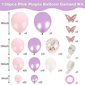 RUBFAC 136pcs Pink Purple Balloon Garland Kit, Butterfly Pink Purple Rose Gold Confetti Latex Balloons for Wedding Bridal Baby Shower Princess Theme Party Decorations