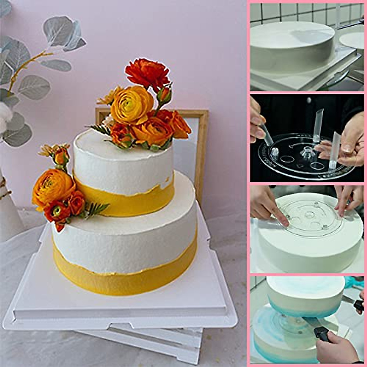 QPEY Cake Sticks Support Rods with Cake Board Drums,White Plastic Cake Separator Plates for Chic Multi-Tiered Cake in the Party,Wedding,Birthday,4PCS Plates with 32 PCS Rods