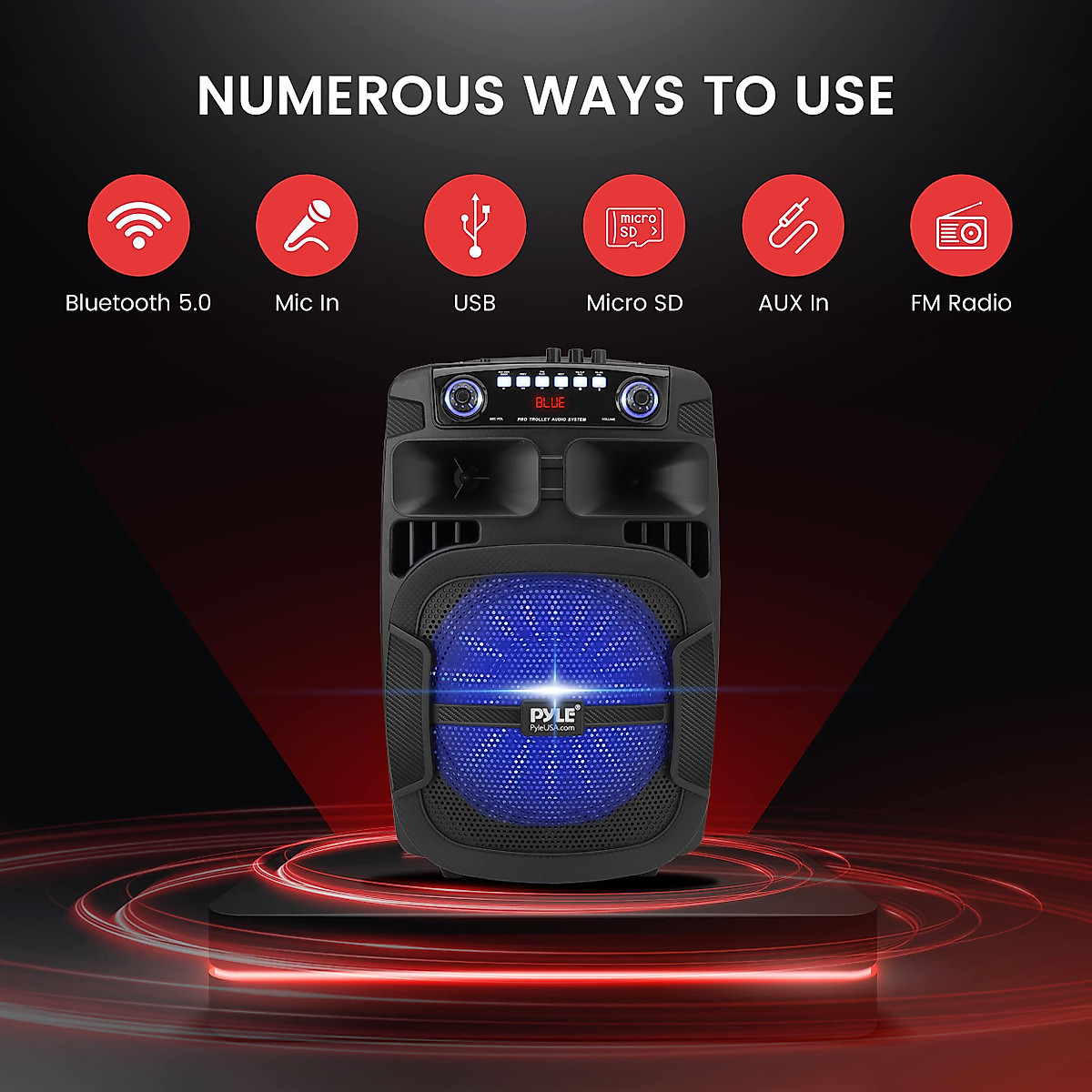 Pyle Portable Bluetooth PA Speaker System - 800W 12”Outdoor Bluetooth Speaker Portable PA System-Party Lights,USB SD Card Reader,FM Radio,Rolling Wheels-Wired microphone, Remote - PPHP128B, BLACK,BLUE