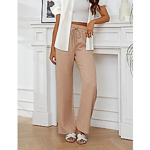 Narcissus Khaki Linen Pants for Women Fall Plus Size Khaki Pants for Women Drawstring Loose Linen Pants Plus Size Linen Beach Pants for Women (Khaki XL)