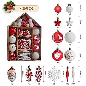 Christmas Tree Ornament Set, 70-Pack Shatterproof Assorted with Hanging Rope for Xmas Decorations Home Party, Holiday Wedding, Includes Santa Claus, Snowflakes, Candies, Etc.