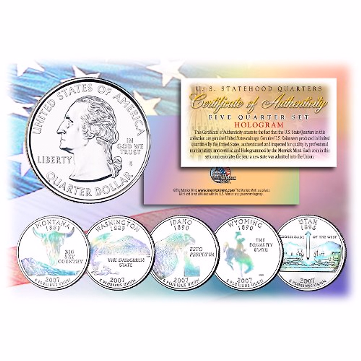 2007 US Statehood Quarters HOLOGRAM 5-Coin Complete Set w/Capsules & COA