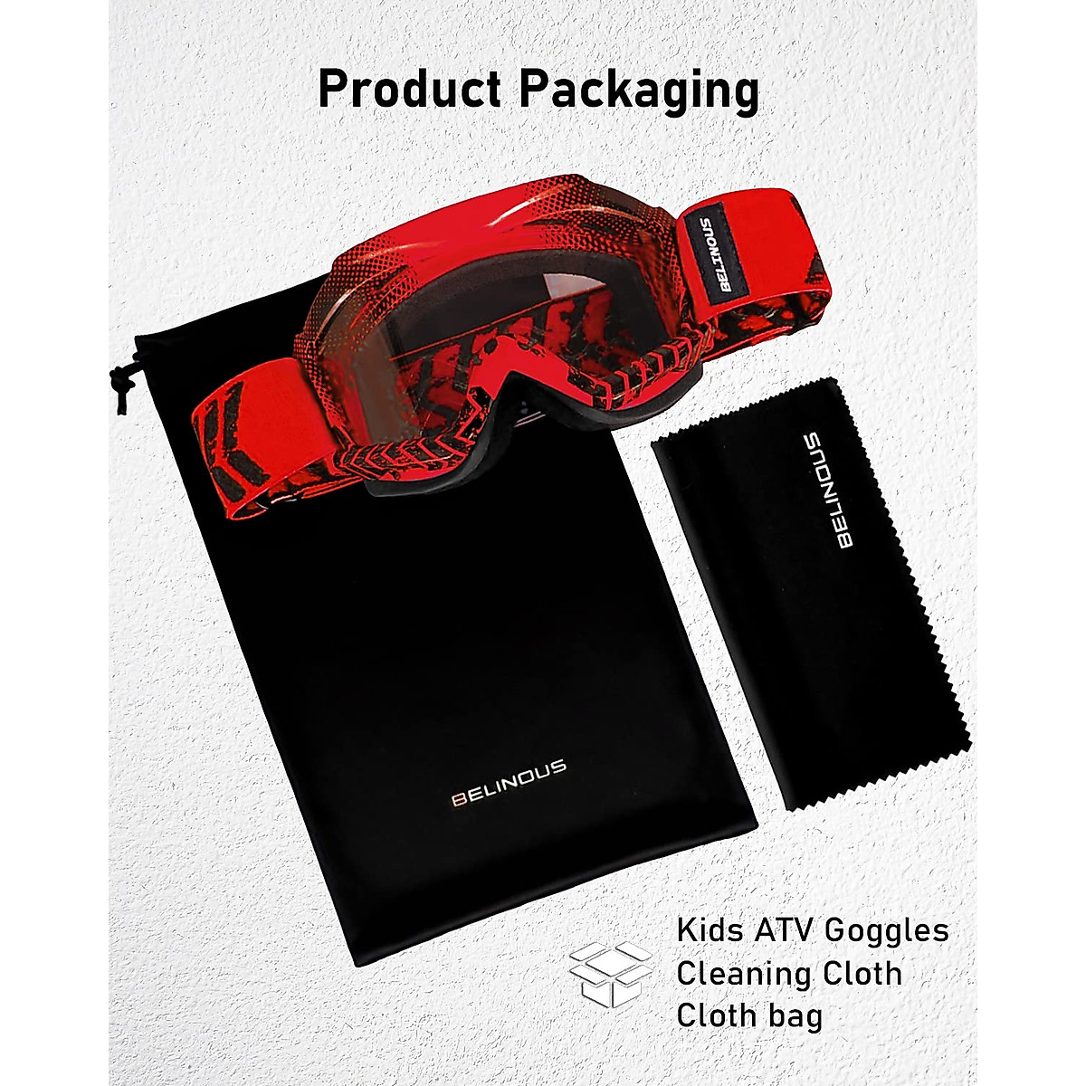 BELINOUS Kid Riding Goggles for ATV Dirt Bike Motorcycle Motorcross MX, UV Protectioin, Youth Dirt Bike Goggles for Kids 3-12 with Soft Strap, Red