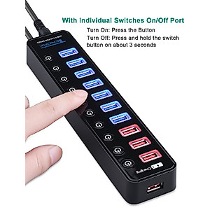 USB 3.0 Hub - Tendak 7 USB 3.0 Data Ports + 3 USB Smart Charging Ports with Individual On/Off Port Powered 10 Port USB Hub for PC Mac PS4 Xbox One XPS Surface Pro