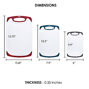 CHEF GRIDS Durable Plastic Cutting Board Set, Chopping Board Thick Plastic, for Vegetable Meat or Cheese with Non-Slip Feet and Handles with Juice Groove (Red, Blue, Grey)