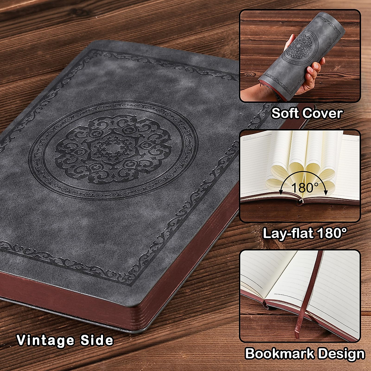 Fetinar 2025 Leather Vintage Journal Notebook,300 Pages,Leather Softcover Lined Journal Notebooks for Women Men,Notebook Journals for Writing Travel,Business,Office,Grey