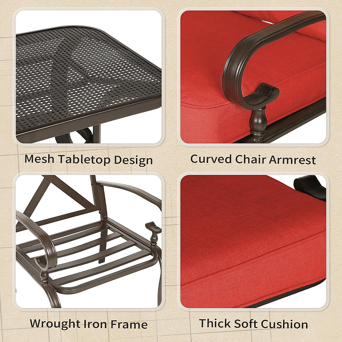 Oakcloud 4Pcs Metal Outdoor Furniture Patio Conversation Set (Loveseat and Coffee Table, 2 Dining Chair) -Wrought Iron Patio Chair Set with Cushions (Red)