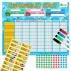 D-FantiX Magnetic Responsibility Chart and Visual Schedule Cards for Kids, Chore Chart for Multiple Kids, My Star Reward Chart Daily Routine Good Behavior Charts Dry Erasable for Toddlers at Home