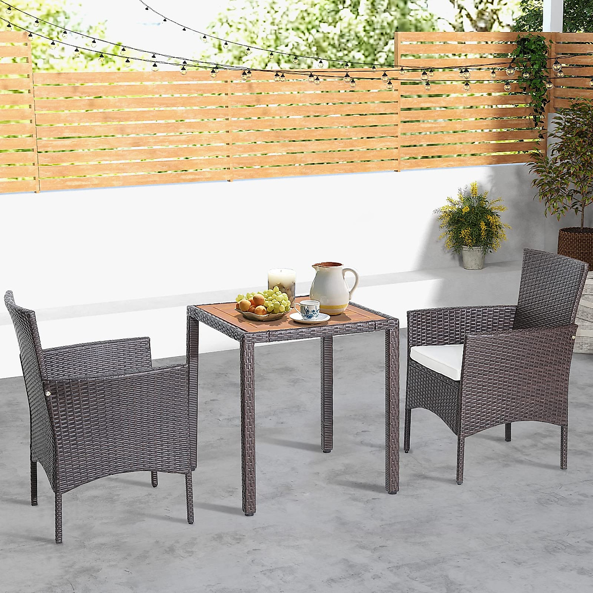 Tangkula 3 Pieces Patio Furniture Set, Outdoor Mix Brown Wicker Dining Set w/Acacia Wood Top Table, Comfortable Cushioned Chairs, Space-Saving Rattan Conversation Set for Garden, Backyard, Porch