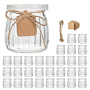 Glass Jars,Encheng 7 oz Glass Yogurt Jars With Lids(PE),Replacement Glass Pudding Jars With Plastic Tops,Clear Glass Yogurt Container With Twine n Tag For Milk,Jams,Jelly,Mousse,Dishwaresafe 30 Pack …