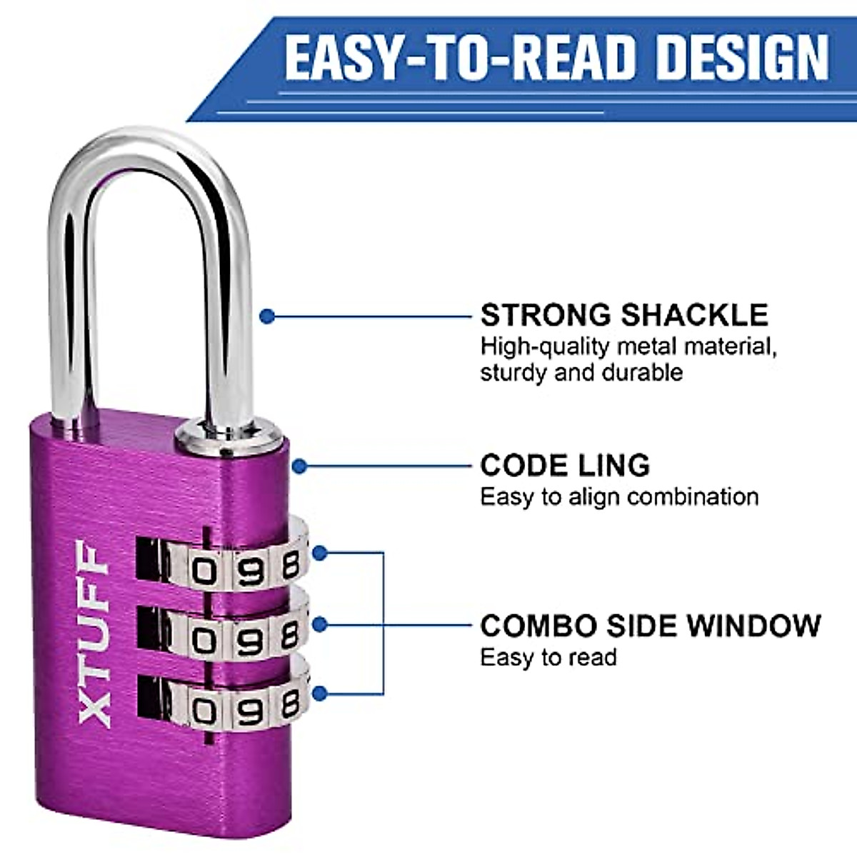 XTUFF Combination Lock-3 Digit Resettable Outdoor Waterproof Password Aluminum Lock, for School Gym Employee Sports Locker, Fence, Toolbox, Gate, Case, Suitcases, Set Your Own Combo Keyless Purple