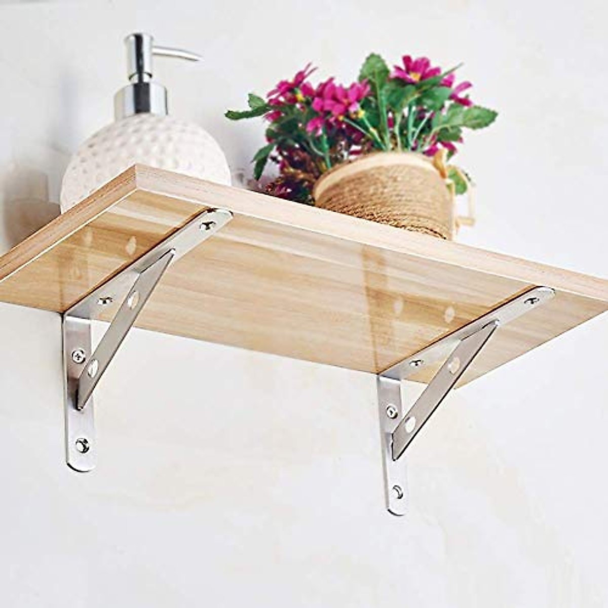 PIBM Stylish Simplicity Shelf Wall Mounted Floating Rack Shelves Solid Wood Display Stand Stainless Steel Tripod Bracket Right Angle Fixed Durable,4 Sizes, Beige , 40x15x10cm