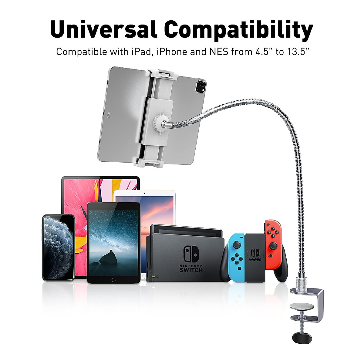 AboveTEK Gooseneck Tablet Holder, Flexible Long Arm iPad Desk Mount Aluminum iPad Stand Phone Holder for Bed Office Kitchen, Fits for 4.5"-13.5" iPad Android Tablet & iPhone 6-13Pro