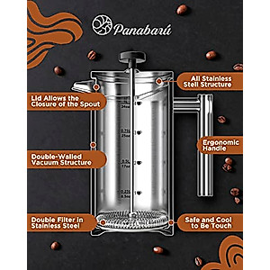 Panabaru French Press Coffee Maker 34oz Double-Wall Insulated Stainless Steel replacement filter included Tea Espresso and cold brew