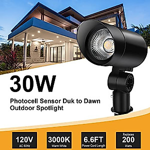 CINOTON 30W LED Landscape Lighting Outdoor with Photocell Sensor 120V Waterproof Dusk to Dawn Directional Uplight with US 3-Plug and 6.6 FT Cord Tree Flag Spotlights with Spike Stand 3000K Warm White