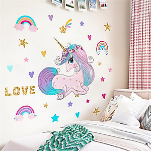 Lovely Pink Unicorn Rainbow Stars Wall Stickers, sacinora Cute Animal DIY Wall Decals Removable Vinyl Peel and Stick for Nursery Kids Baby Living Room Children's Room Bedroom Art Decoration