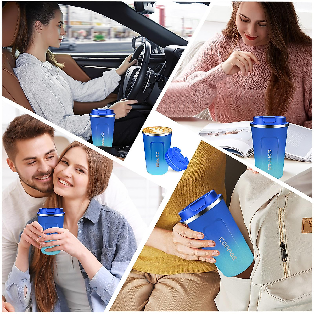 JTRYEMU Travel Mug 12 oz Insulated Coffee Cup with Lid, Reusable Leak Proof Tumbler, Stainless Steel Vacuum Gradient Colorful Thermos Cup, Thermal Keeps Cold and Hot for Coffee/Tea