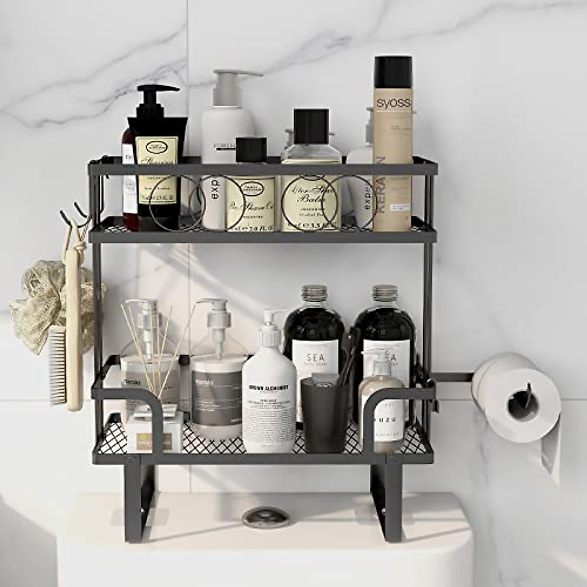 CAEKAIGTA Over The Toilet Storage Shelf, Bathroom Over Toilet Storage Shelf, 2 Tier Above Toilet Storage with Toilet Paper Holder, No Drilling with Wall Mounting Design, Space Saver (Black)