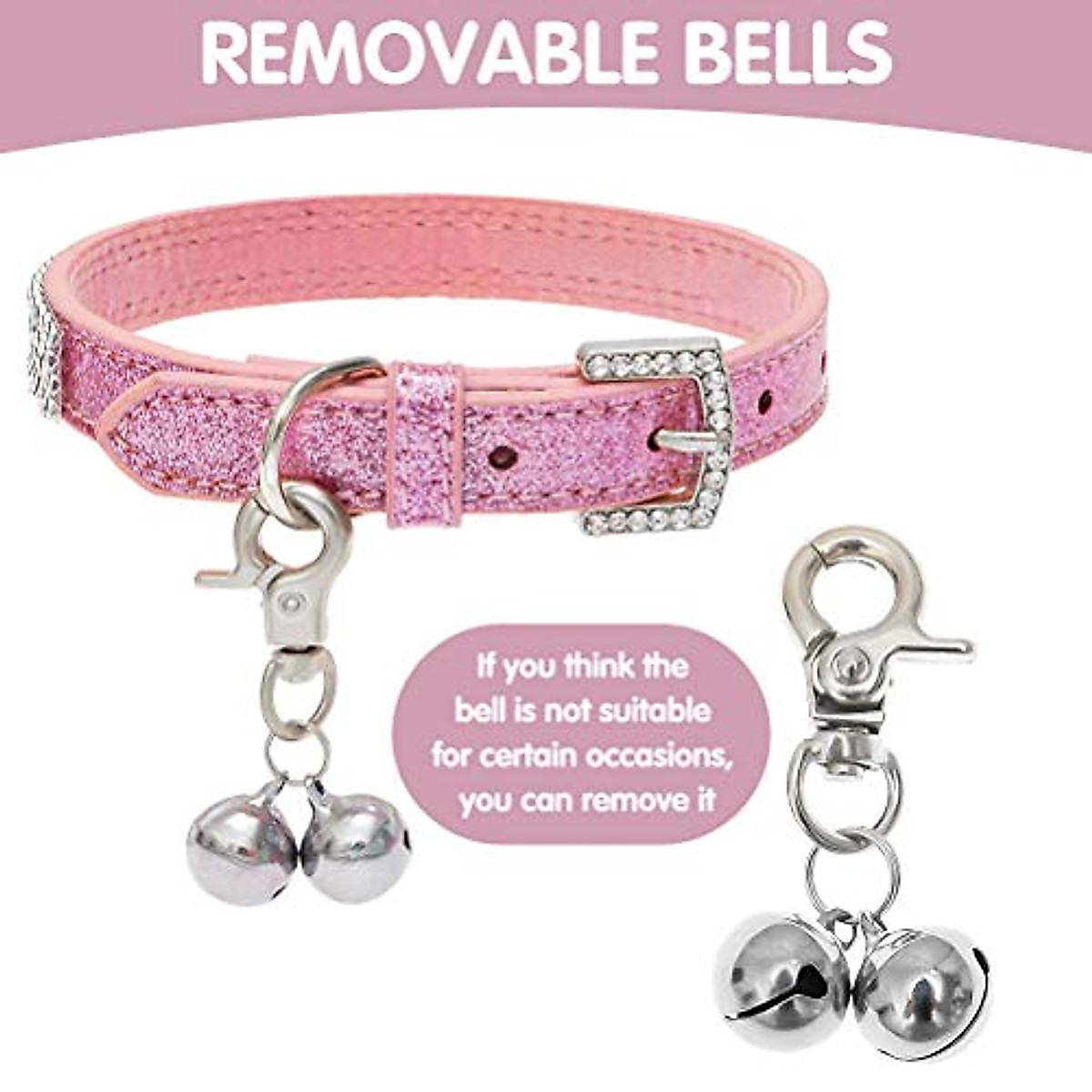 PUPTECK Basic Adjustable Cat Collar with Bling Diamante and Double Bells, for Kitten and Small Puppy, Fashion and Shining (XXS: Collar Adjustable: 6-8in, 0.3inch Width, Pink)