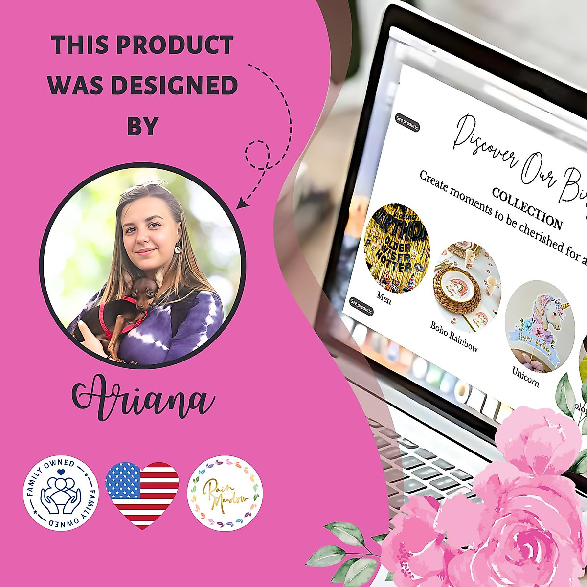 Hot Pink Party Decorations for Birthday, Bachelorette, Bridal or Baby Shower - 5 Boxes Blocks, 52 PC Letters for Custom NAME and 6 Flower Cutouts. Pink Rose Black White - Kate Spade Inspired