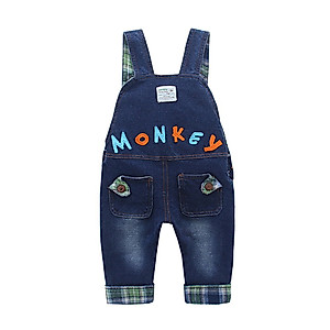 KIDSCOOL SPACE Baby Boy Girl Jean Overalls,Toddler Denim 3D Monkey Dungarees Pants,Blue,18-24 Months