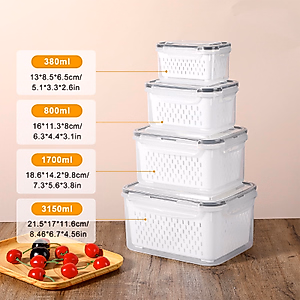 4 Pack Fruit Storage Containers for Fridge with Removable Colanders, Airtight Produce Vegetable Berry Containers for Fridge, All-In-One Food Storage Containers for Washing, Draining, Freshness