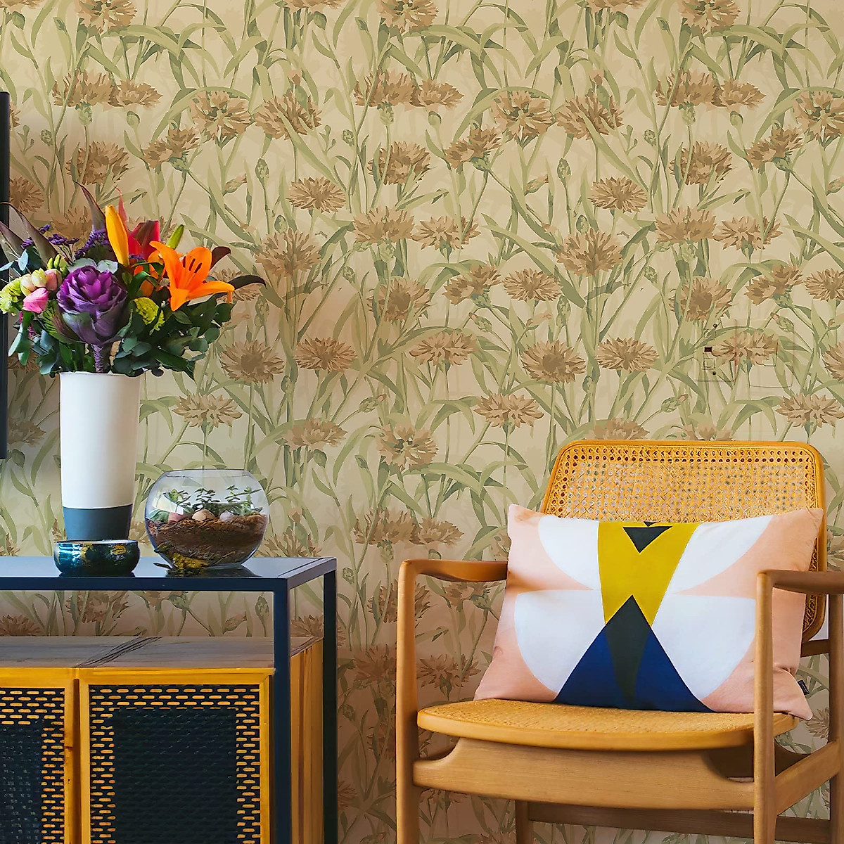 JiffDiff Yellow Floral Wallpaper - Straw Plant Watercolor Chrysanthemum Fleurs Stick on Removable Wallpaper