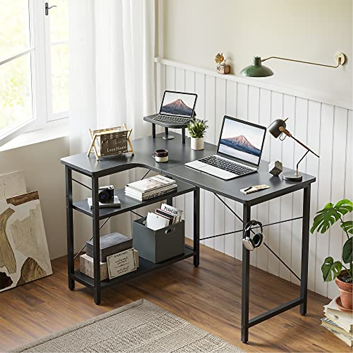 BANTI 43 Inch Corner Computer Desk with Left Storage Shelves, Small L Shaped Office Desk with Top Shelf, Study Writing Table, Black