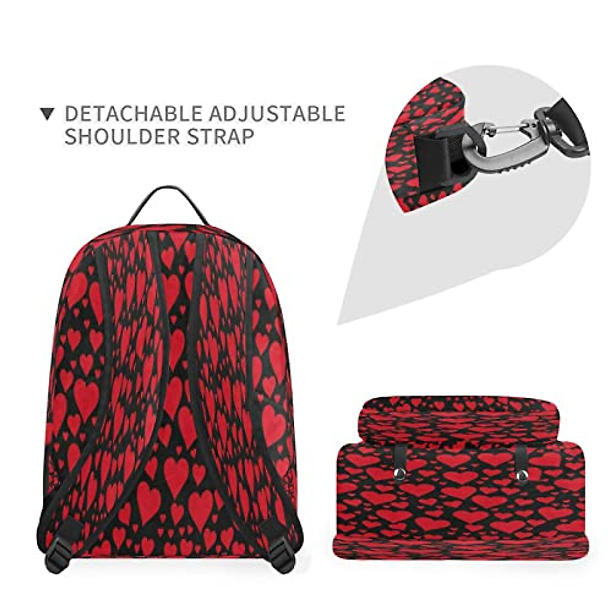 Women/Men Backpack Love Hearts Red and Black Bookbag College School Shoulder Bag Daypack Travel Rucksack for Youth