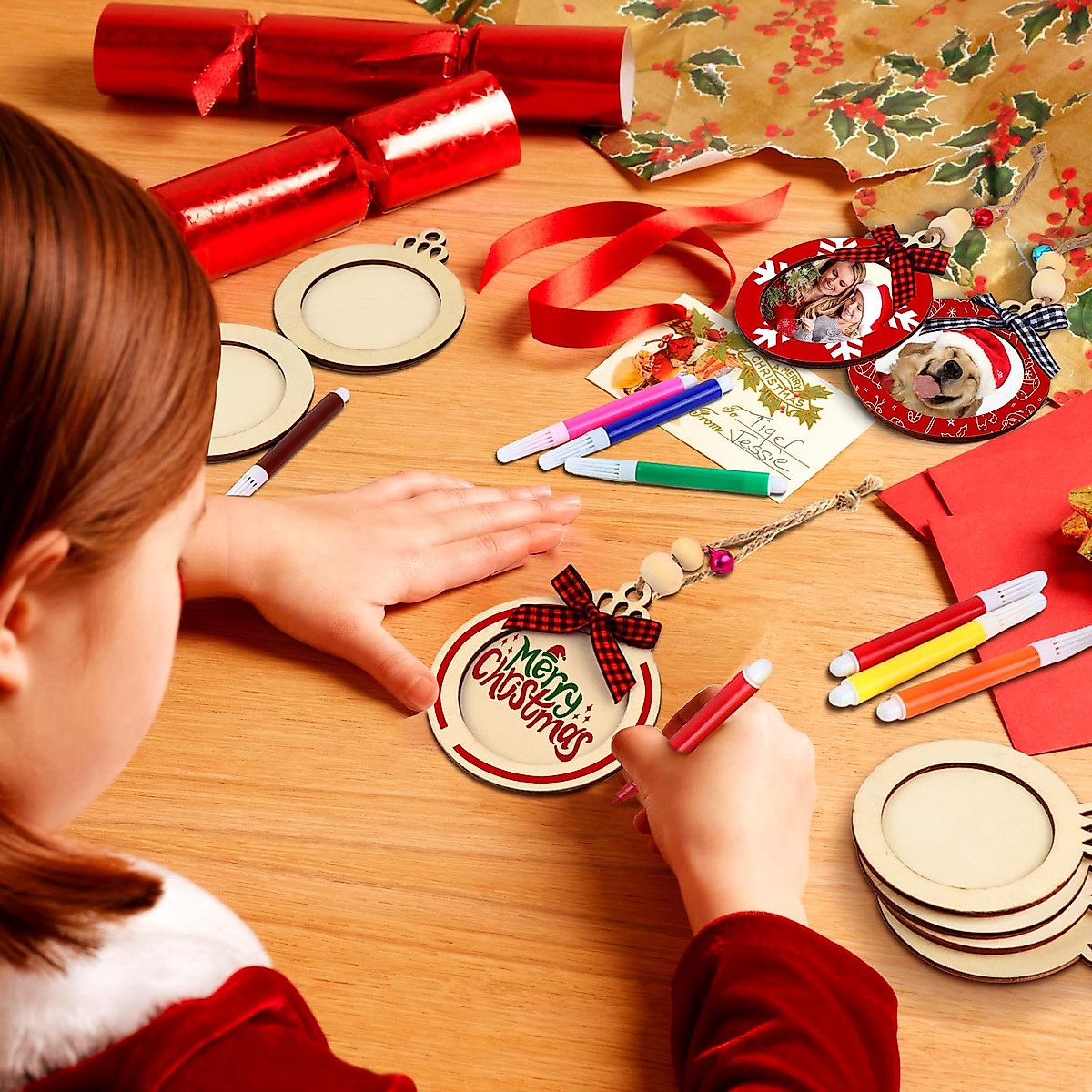 OurWarm 24Pcs Christmas Picture Frame Ornament DIY Wooden Photo Ornaments for Christmas Tree, 2023 Unfinished Personalized Hanging Christmas Ornaments for Xmas Holiday Presents Tree Decorations