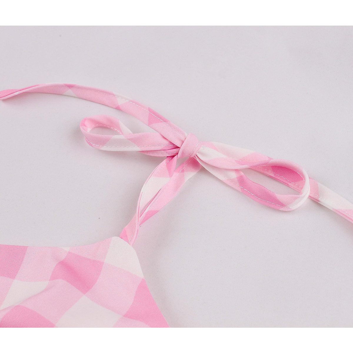 Nihsatin Barbie Pink Swing Dress Tie Shoulder Plaid Printed Knot Waist Dress
