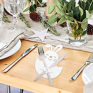 Didiseaon 8Pcs Rabbit Cutlery Bags Holders Easter Bunny Tableware Bags Rabbit Silverware Holders Bags Easter Dinner Table Decorations (White)