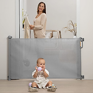 Momcozy Retractable Baby Gate, Alarm Mesh Baby Gate or Mesh Dog Gate, 33 inches high, extends to 55 inches Wide, Child Safety gate for doorways, Stairs, hallways, Indoor/Outdoor.