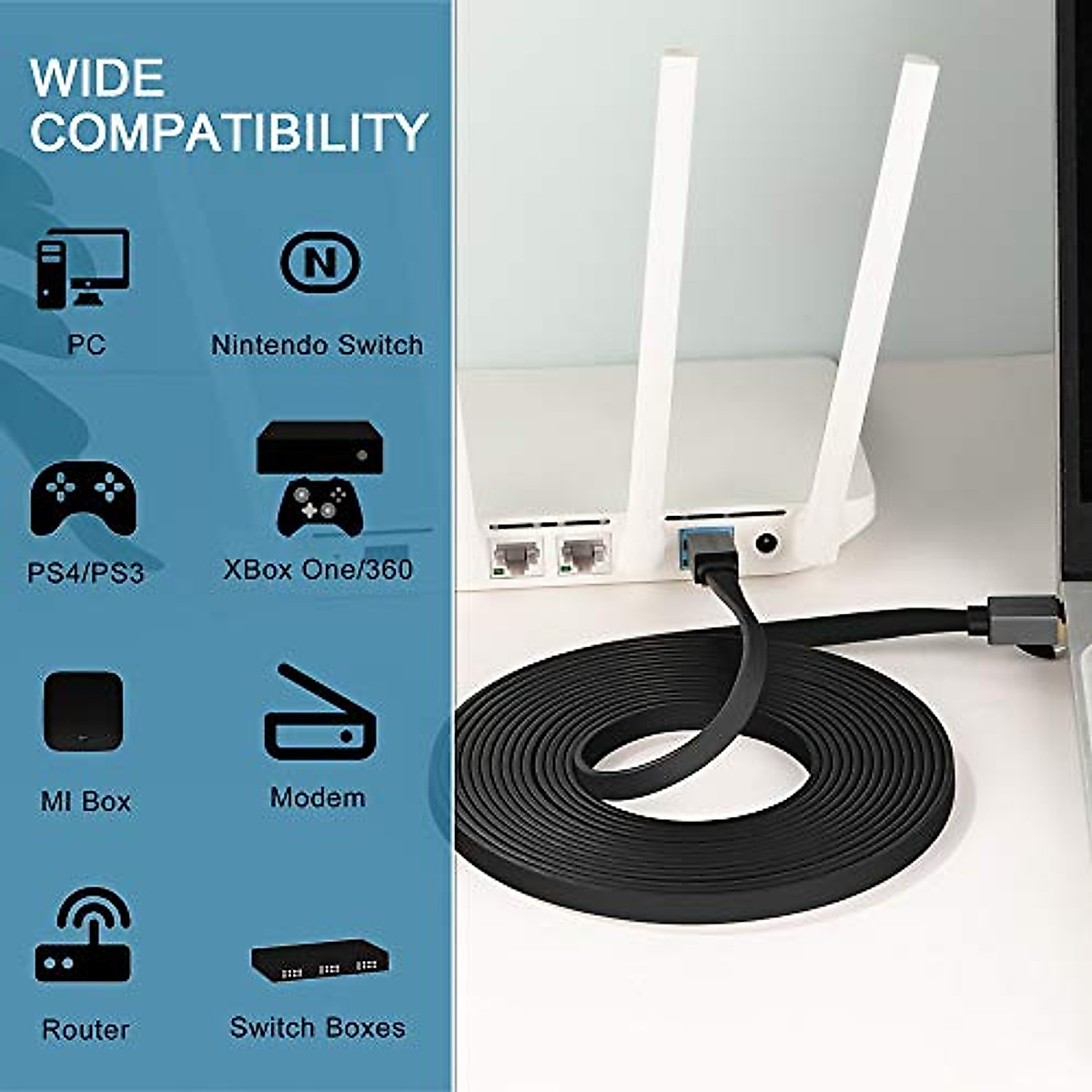 ANNNWZZD CAT 8 Ethernet Cable, Flat LAN Network Cable High Speed 26AWG Patch 40Gbps, 2000Mhz with Gold Plated RJ45 Connector for Router, Modem, PC, Switches, Hub, Laptop, Gaming, Xbox (25ft/25FT)