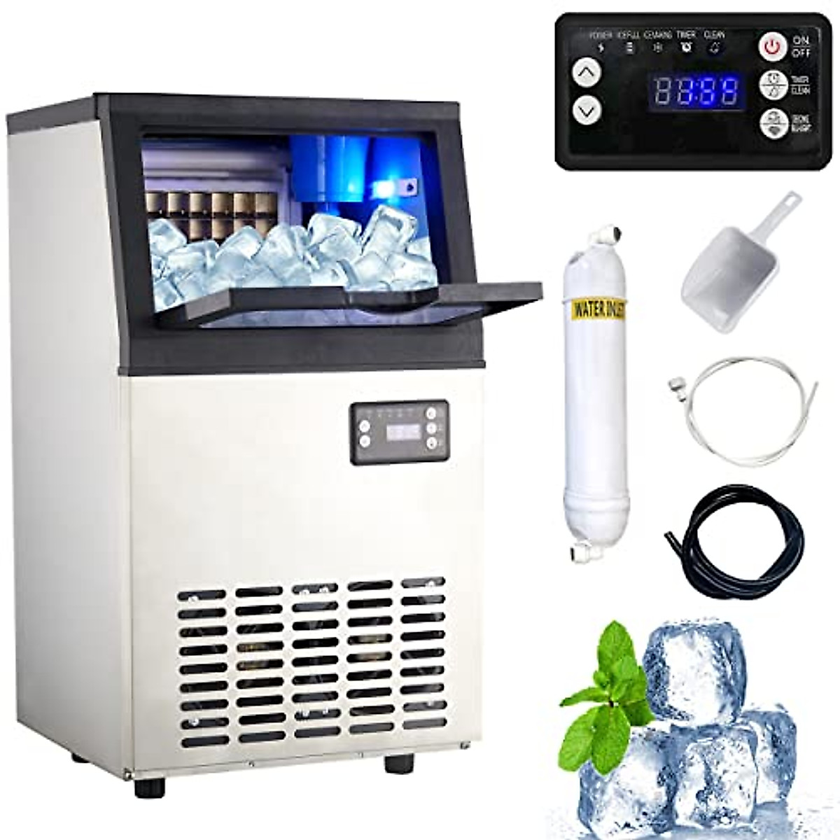 CMICE Commercial Ice Maker Machine,100lbs/24H Stainless Steel Under Counter ice Machine, Full Heavy Duty Stainless Steel Construction, Include Water Filter, Scoop, Connection Hose…