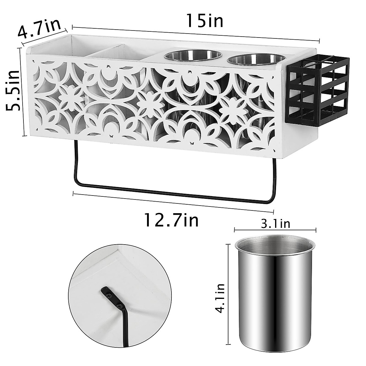 TRSPCWR Hair Tool Organizer Wall Mounted, Hair Dryer and Styling Holder with Towel Bar, Bathroom Blow Dryer Holder with Side Basket, Farmhouse Vanity Caddy Storage Stand for Accessories, Makeup