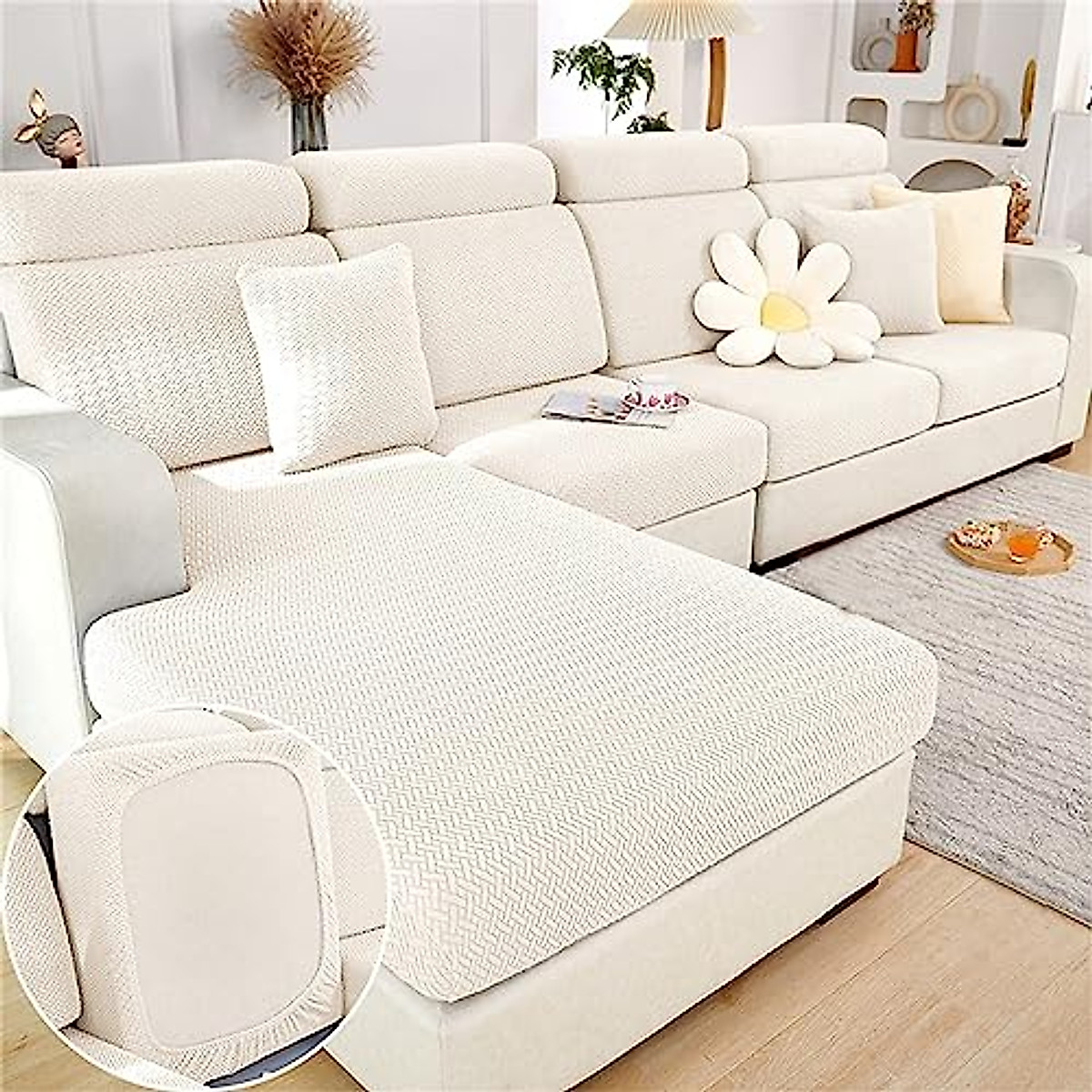 GSTUITGO Stretch Sofa Covers,Couch Cushion Slipcovers for Sofa Bedroom,Anti-Slip L Shape Sofa Covers,Chaise Lounge Sofa Slipcover,Wear-Resistant,for Sectional Sofa(Jade White,Single Seat)
